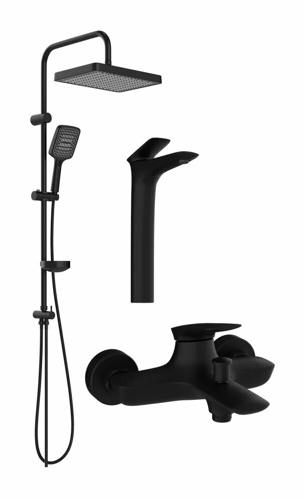 Комплект для ванной Смеситель STWORKI Молде S23020BK черный / Стойка Хадстен S17180BK матовая черная / Смеситель S23100BK матовый черный