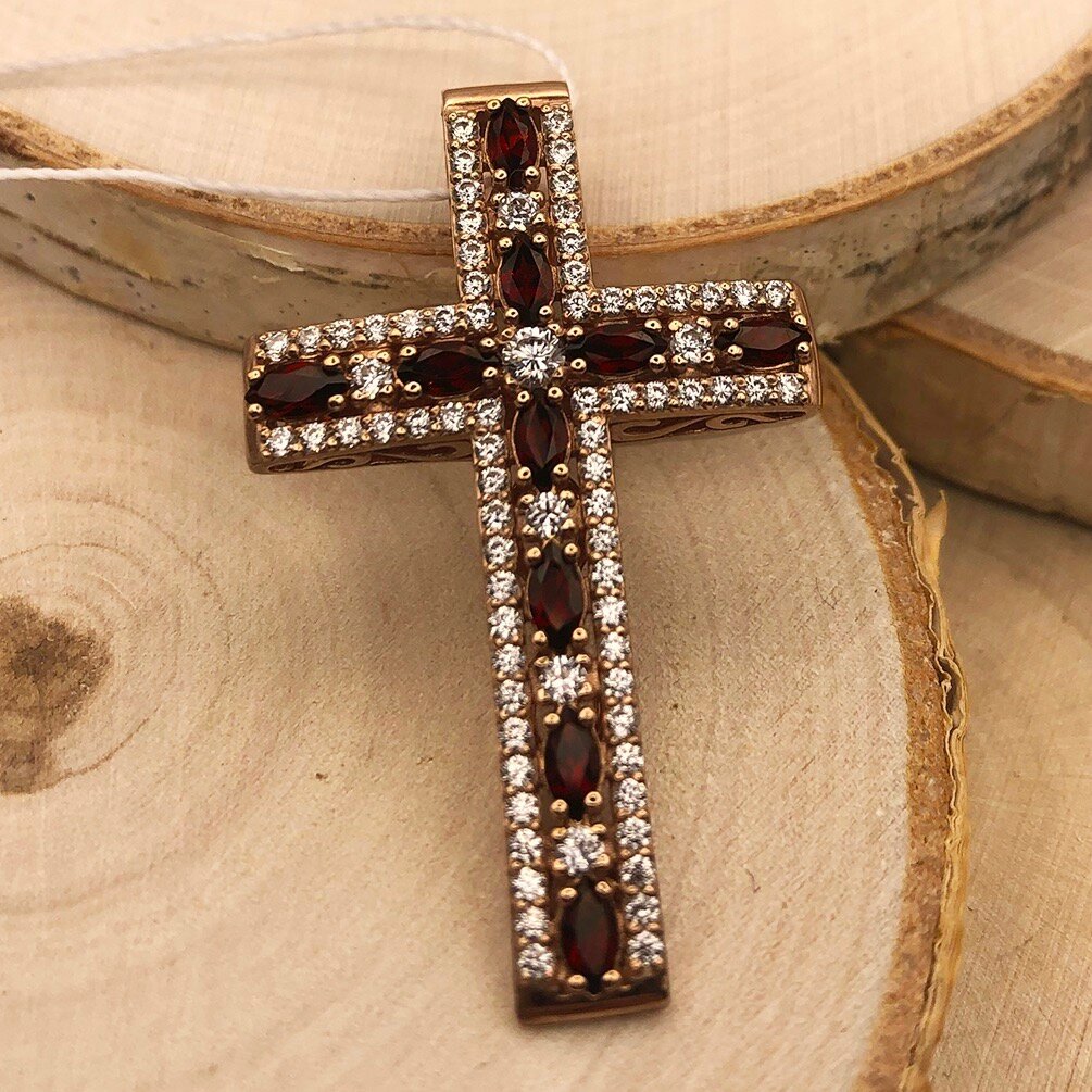 Крестик, серебро, 925 проба, золочение, фианит