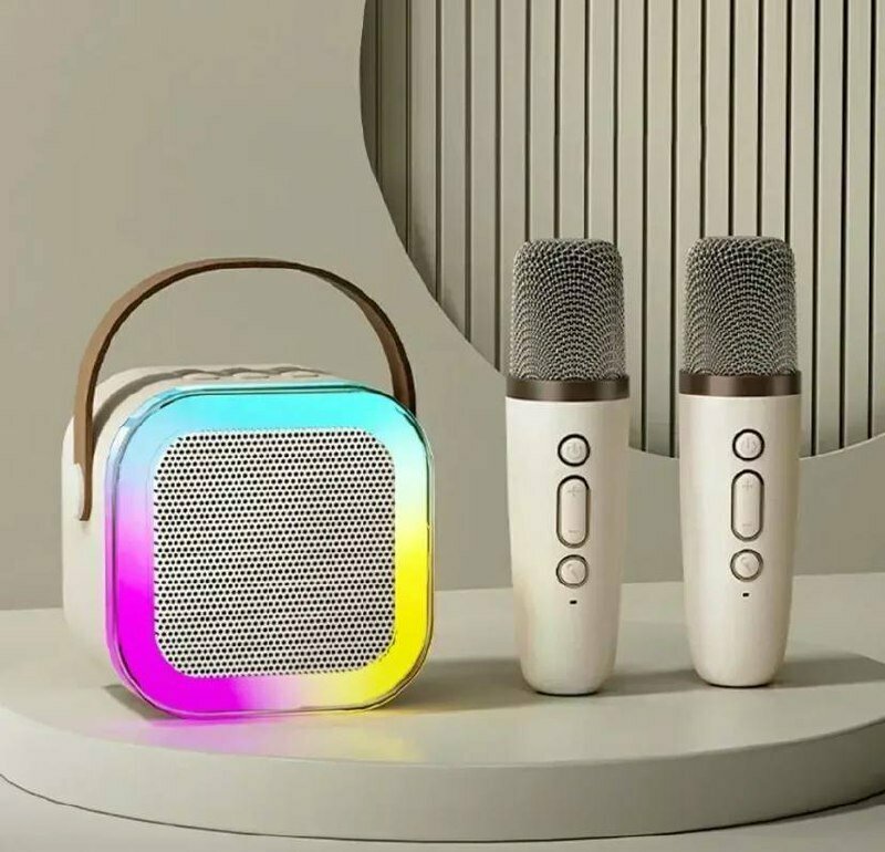 Детская караоке система/С двумя беспроводными микрофонами и колонкой (бежевая)/( Живой вокал, Портативная колонка)