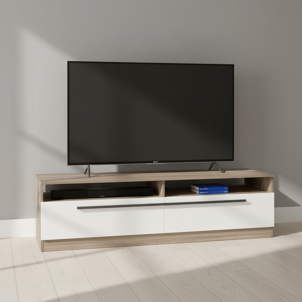 Тумба под телевизор напольная Аравия-Кристал, 170х53х47.8 см, 2 ящика, 2 полки, Вяз дымчатый/Белый