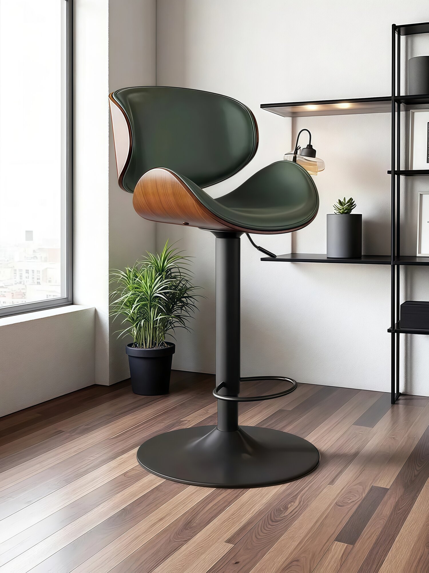 Барный стул, металл, натуральная кожа, 91-111см, оливковая обивка