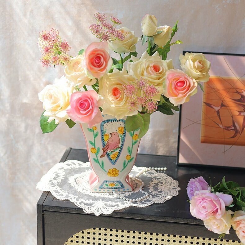 Керамическая ваза с изображением соловья и розы, пасторальная, для украшения гостиной и дома