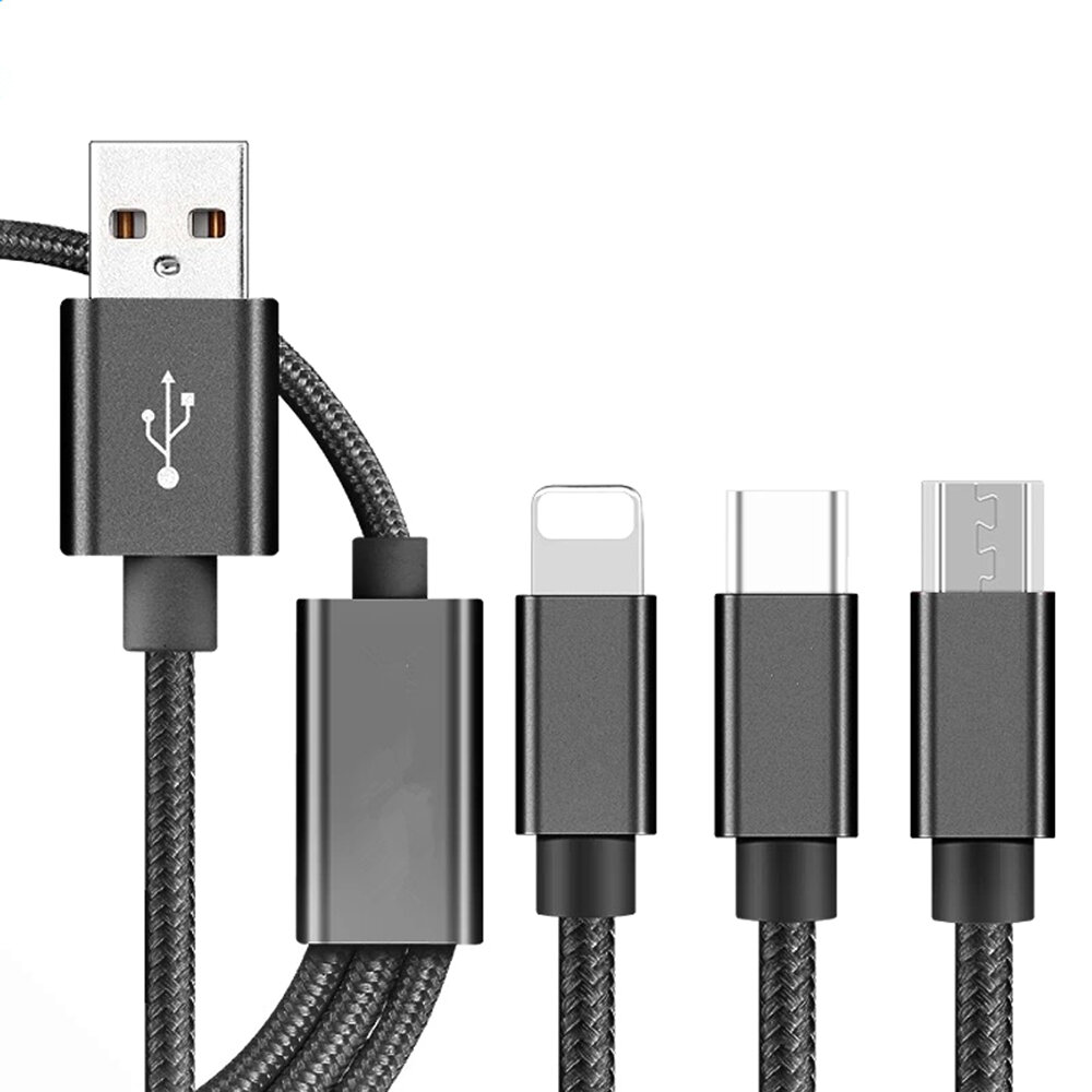Кабель USB 3 в 1 Type-C/Lightning/Micro USB для зарядки 2 м Нитейлоидный Плетёный Кабель для мобильных телефонов Золотой Розово-золотой чёрный Серебряный