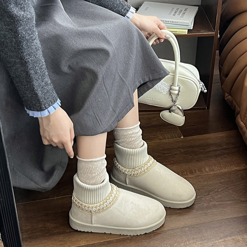 Женские вязаные зимние ботинки на толстой подошве, большого размера, новые короткие ботинки на осень и зиму, а также обувь из бархата и плотного хлопка.