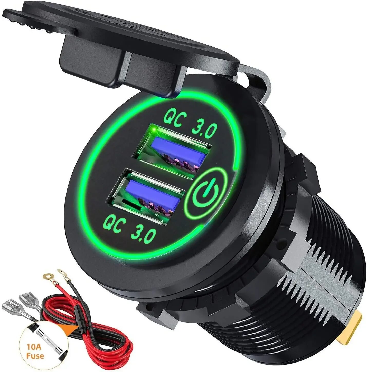 Автомобильное зарядное устройство, прикуриватель с сенсорным переключателем, 12 В/24 В, 36 Вт, QC 3,0, двойная USB-розетка, розетка, green