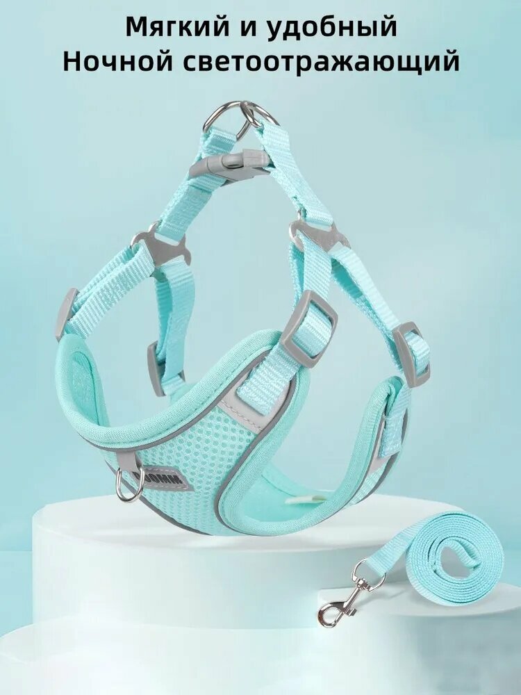 Дышащая шлейка для собаки в виде жилета мелких пород, обхват груди S 38-44 см, цвет зеленый, с поводком 1.5 M.