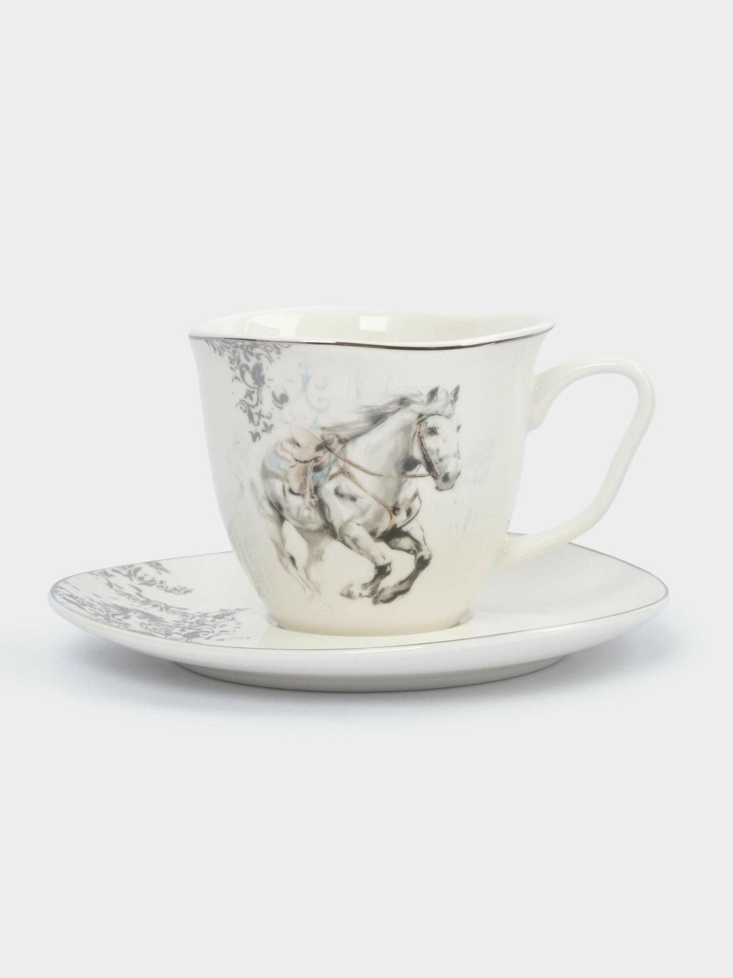 Пара чайная, 1 персона, 2 предмета, 250 мл, костяной фарфор, белая, с серебристым кантом, Конь, White horse (Anna Lafarg)