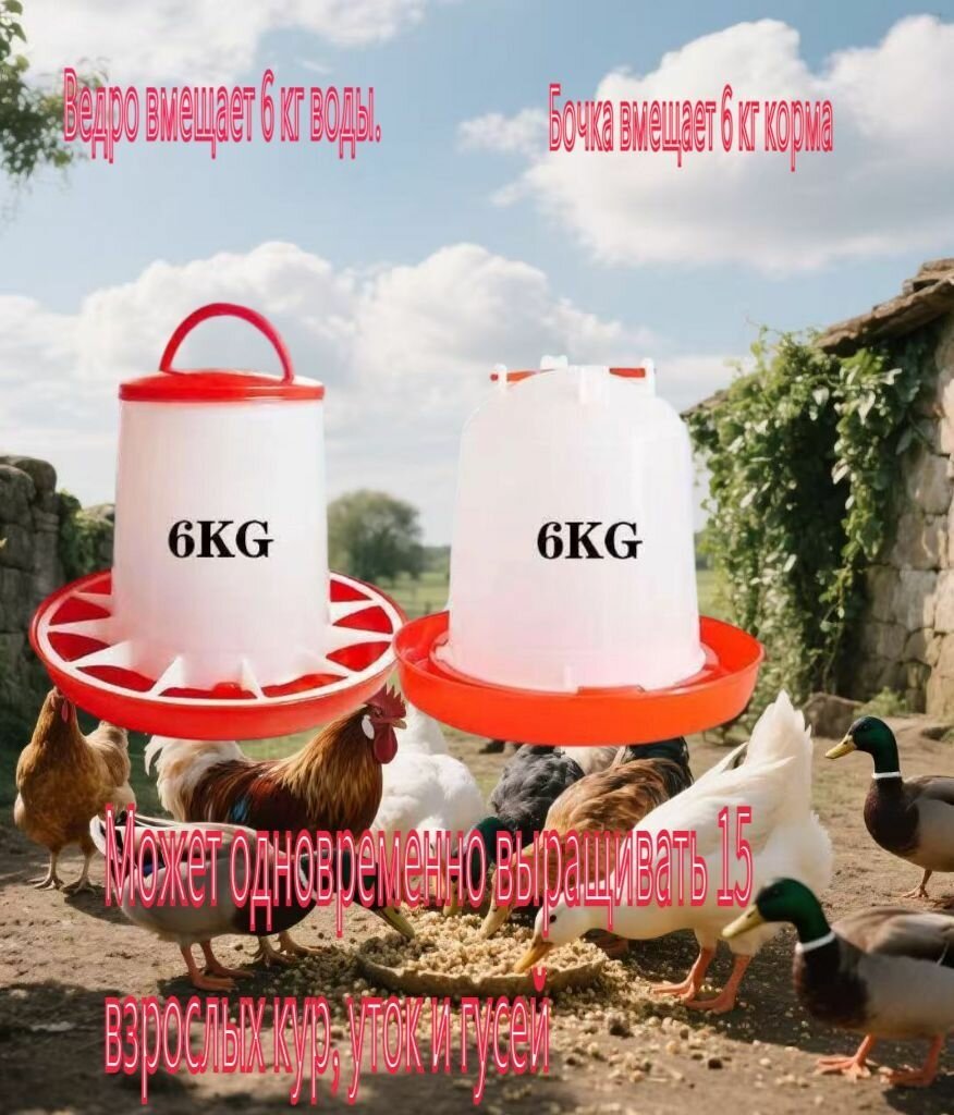 Поилка объемом 6 литра + кормушка весом 6 кг для кур, уток и перепелов, поилки и автоматические дозаторы воды Подходит для 15 небольших кур, уток, гусей