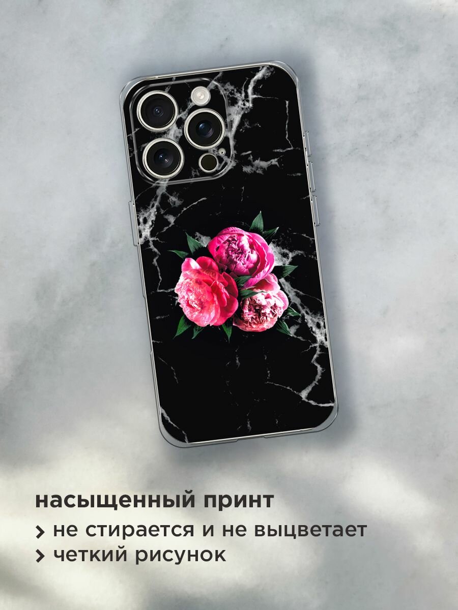 Чехол на Apple iPhone 16 Pro / Айфон 16 Про с принтом "Букет на черном мраморе" — фото 1