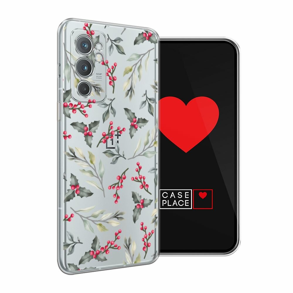 Чехол на OnePlus 9RT / ВанПлас 9RT с принтом Зимние ягоды паттерн, прозрачный — фото 1