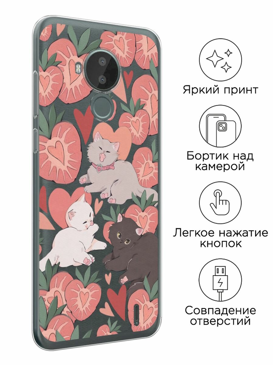 Чехол на Nokia C30 / Нокия C30 с принтом "Клубничные котики", прозрачный — фото 1
