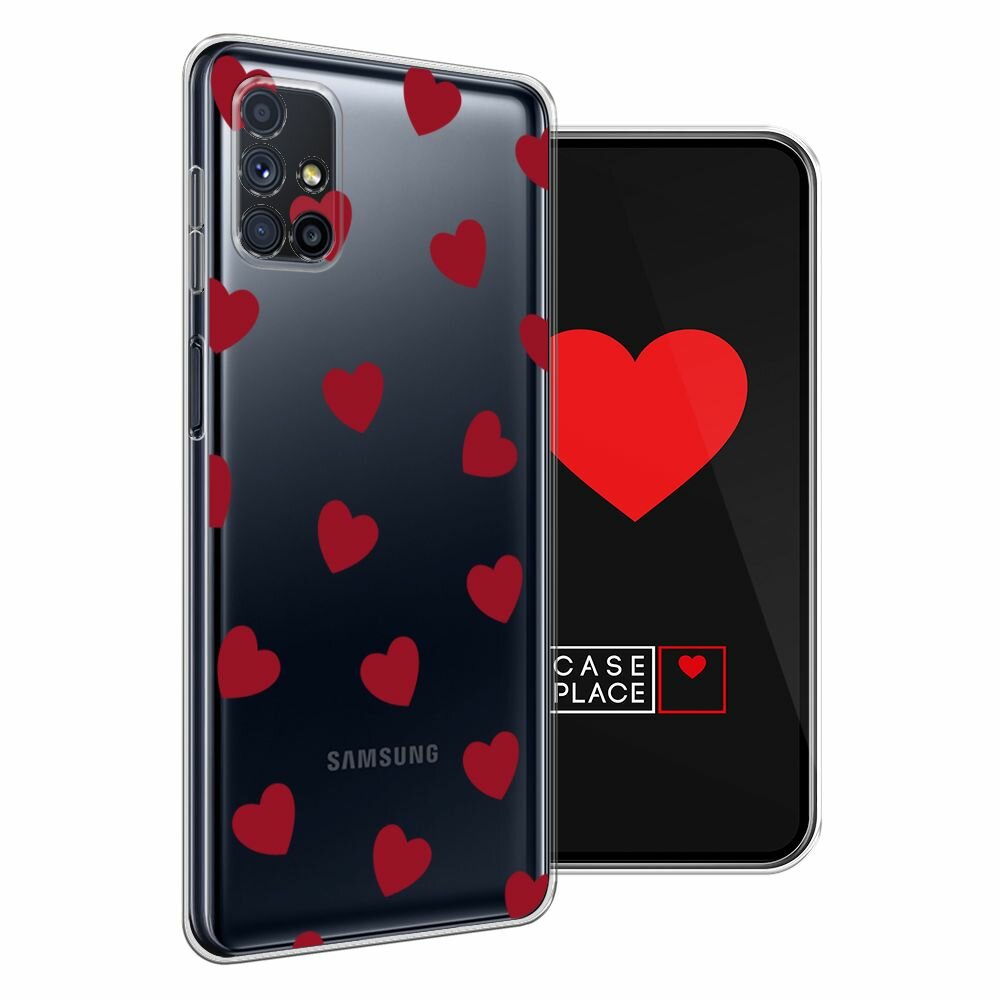 Чехол на Samsung Galaxy M51 / Самсунг Галакси М51 с принтом "Бордовые сердечки паттерн - 14 февраля", прозрачный — фото 1