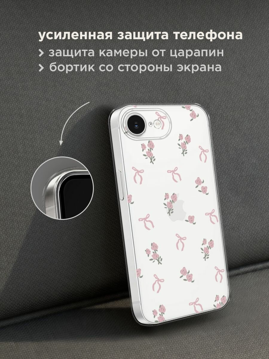 Чехол на Apple iPhone 16e/17e / Айфон 16е/17e с принтом "Розы и ленточки", прозрачный — фото 1