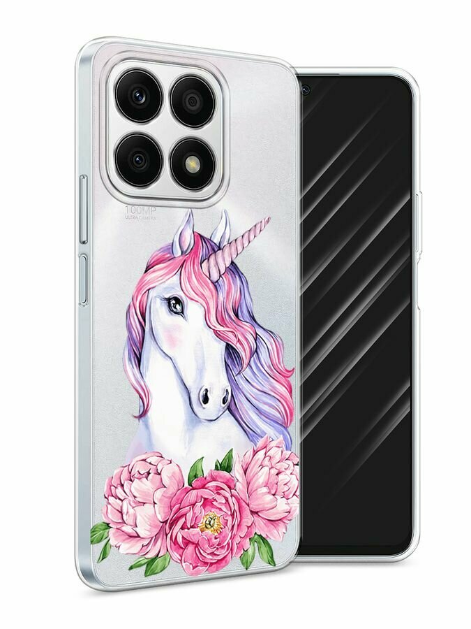 Чехол на Honor X8A / Хонор X8A с принтом "Единорог с пионами", прозрачный