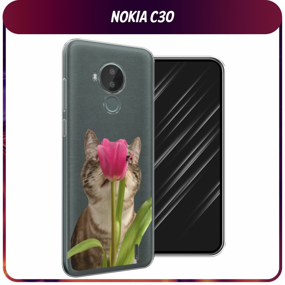 Чехол на Nokia C30 / Нокия C30 с принтом "Кот с тюльпаном - 8 марта", прозрачный