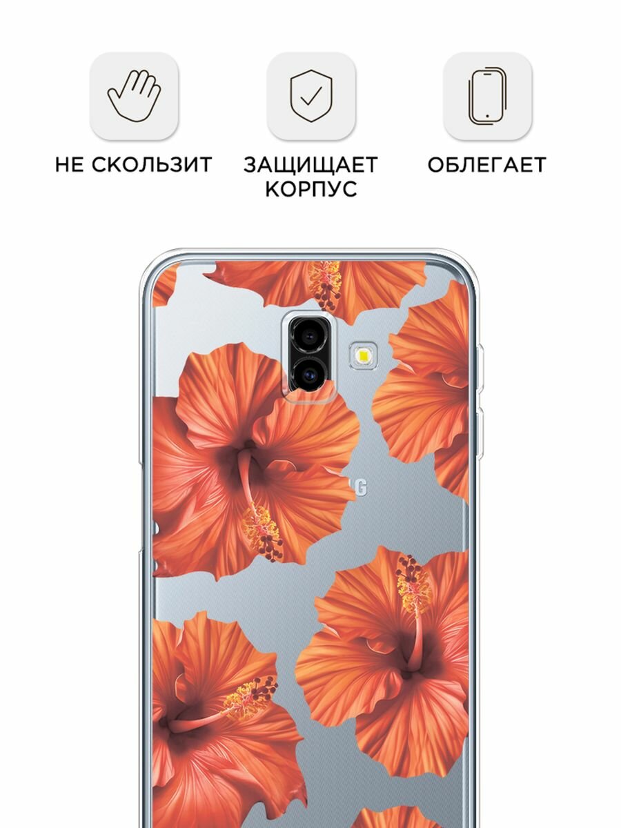 Чехол на Samsung Galaxy J6 + / Самсунг Галакси J6 Плюс 2018 с принтом "Рыжие гибискусы", прозрачный — фото 1