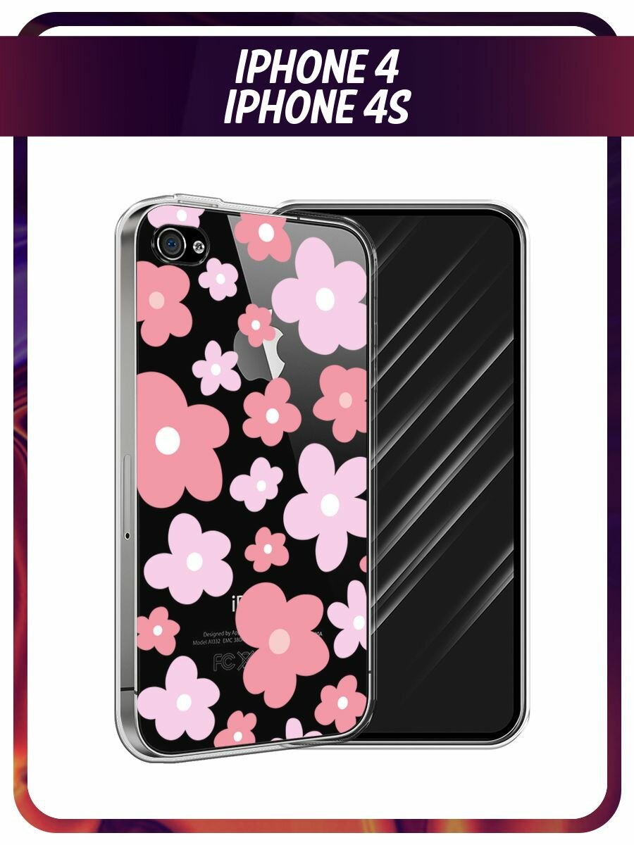 Чехол на Apple iPhone 4/4S / Айфон 4/4S с принтом "Нежные розовые цветочки рисунок", прозрачный