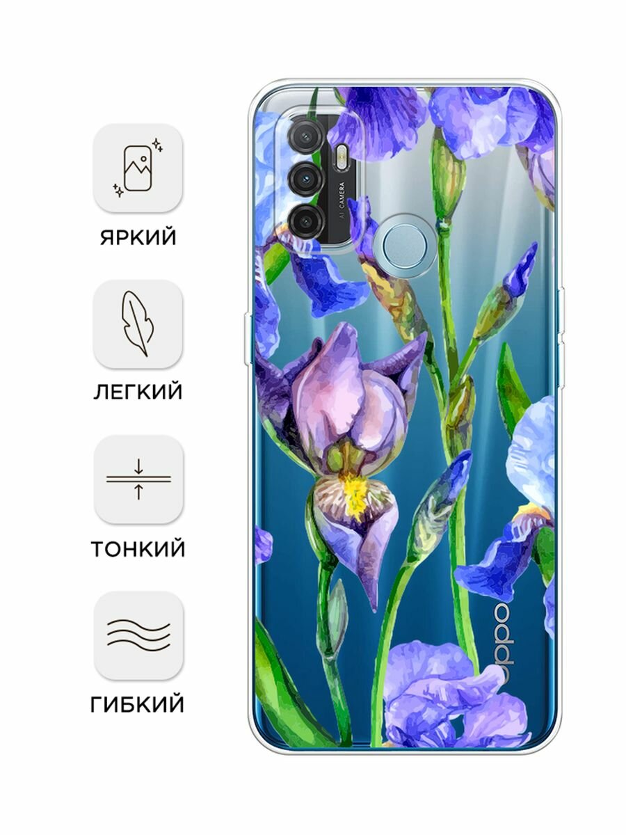 Чехол на Oppo A53 / Оппо А53 с принтом "Синие ирисы", прозрачный — фото 1