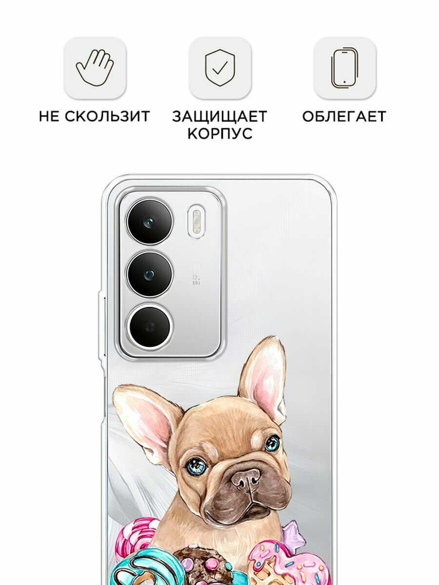 Чехол на Realme C71/P3 Lite 4G / Реалми С71/P3 Лайт 4G с принтом "Бульдог и сладости", прозрачный — фото 1