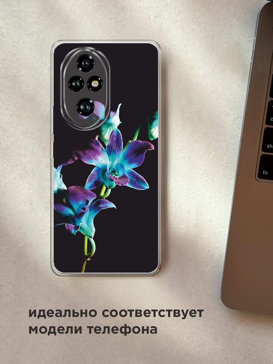 Чехол на Honor 200 Pro / Хонор 200 Про с принтом "Синий цветок на черном" — фото 1