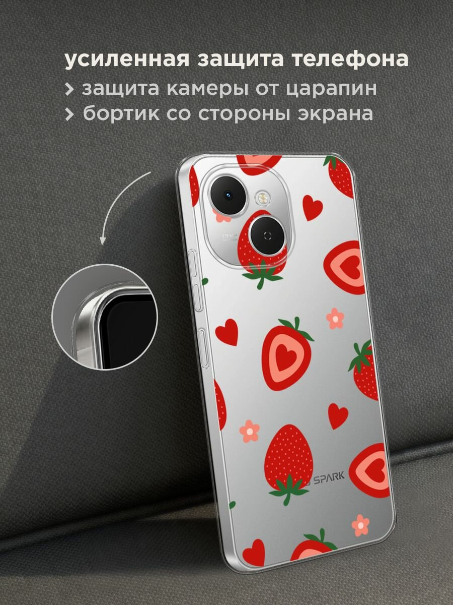 Чехол на Tecno Spark 40C / Текно Спарк 40C с принтом "Heart strawberries 2 - 14 февраля", прозрачный — фото 1