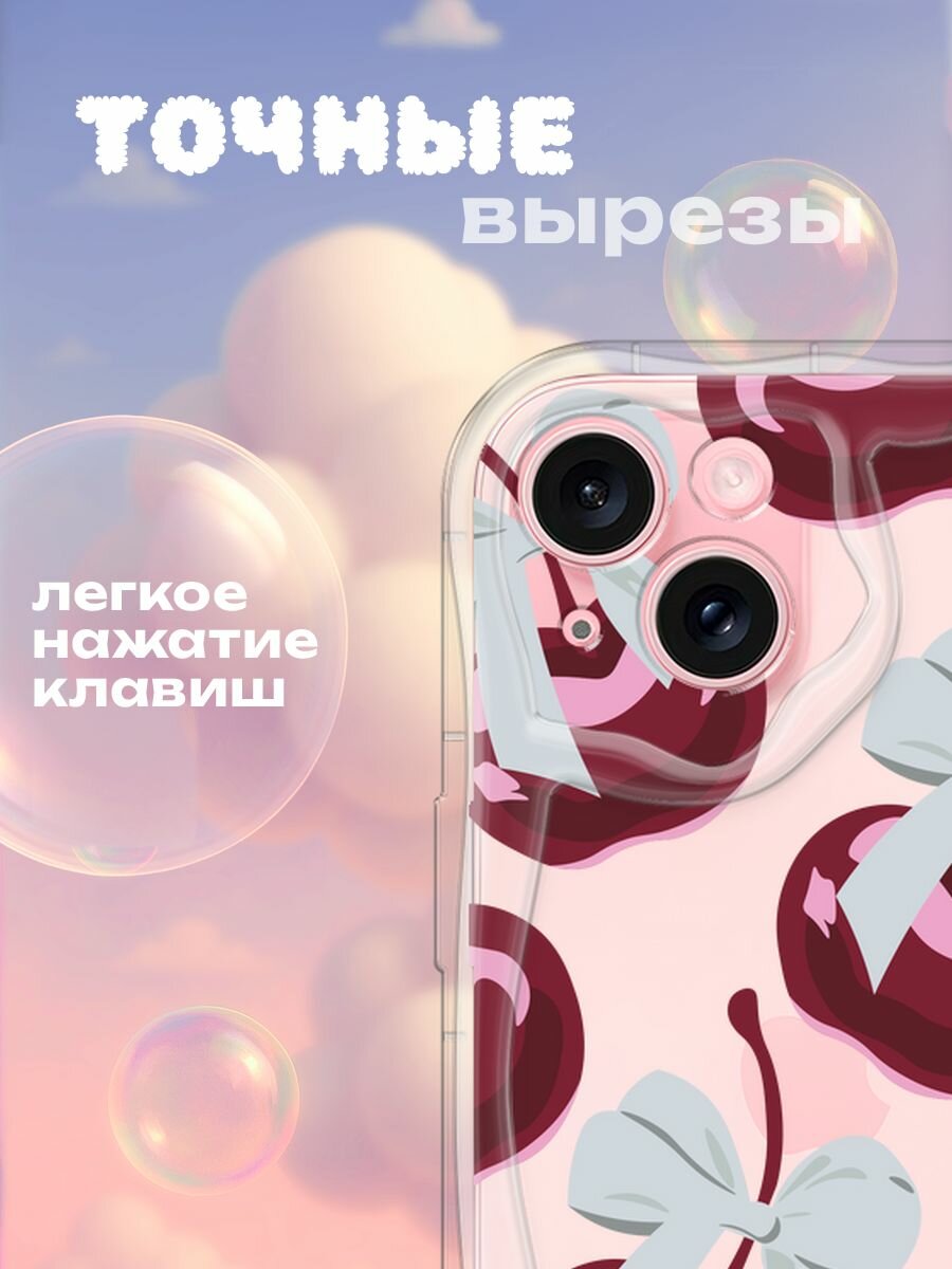Чехол на Apple iPhone 15 / Айфон 15 с принтом "Вишни с бантами" — фото 1