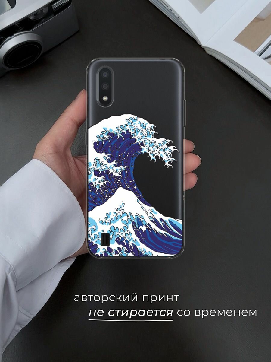Чехол на Samsung Galaxy A01 / Самсунг Гэлакси А01 с принтом "Волна над Фудзи", прозрачный — фото 1