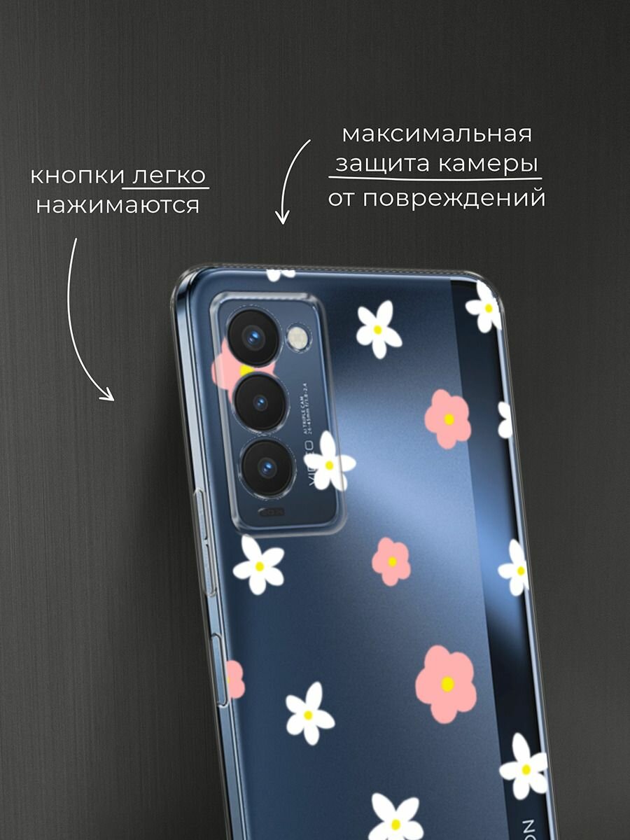 Чехол на Tecno Camon 18P / Техно Камон 18Р с принтом "Розовые и белые цветы", прозрачный — фото 1