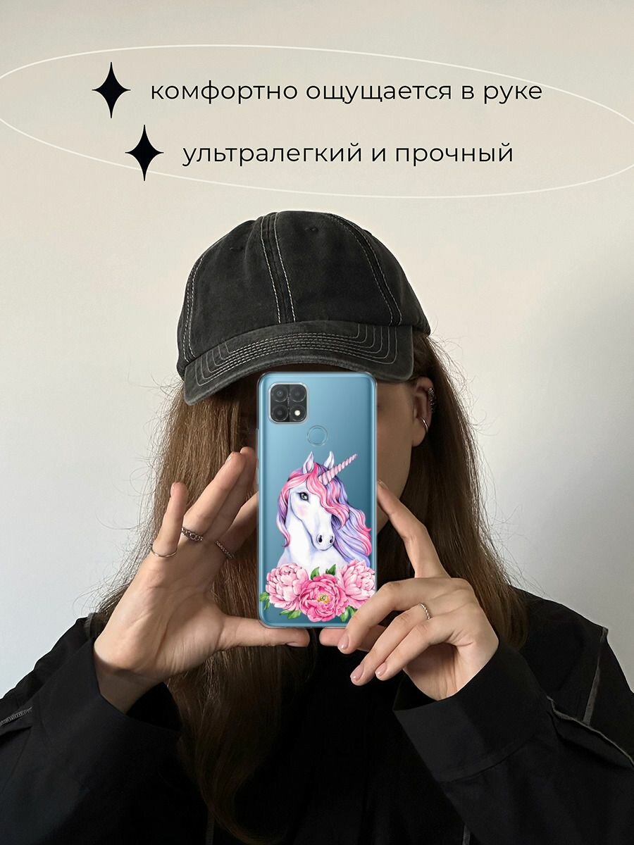 Чехол на Oppo A15/A15s / Оппо А15/A15s с принтом "Единорог с пионами", прозрачный — фото 1