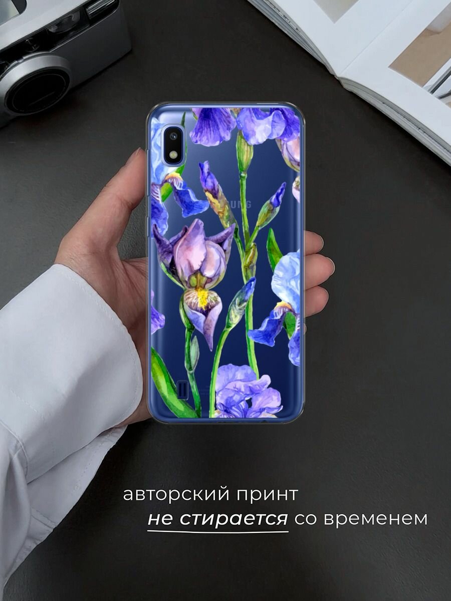 Чехол на Samsung Galaxy A10 / Самсунг Галакси А10 с принтом "Синие ирисы", прозрачный — фото 1