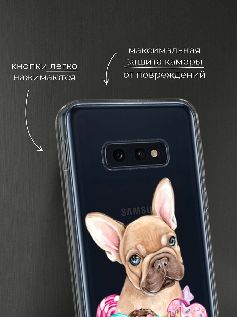 Чехол на Samsung Galaxy S10E / Самсунг Галакси S10E с принтом "Бульдог и сладости", прозрачный — фото 1