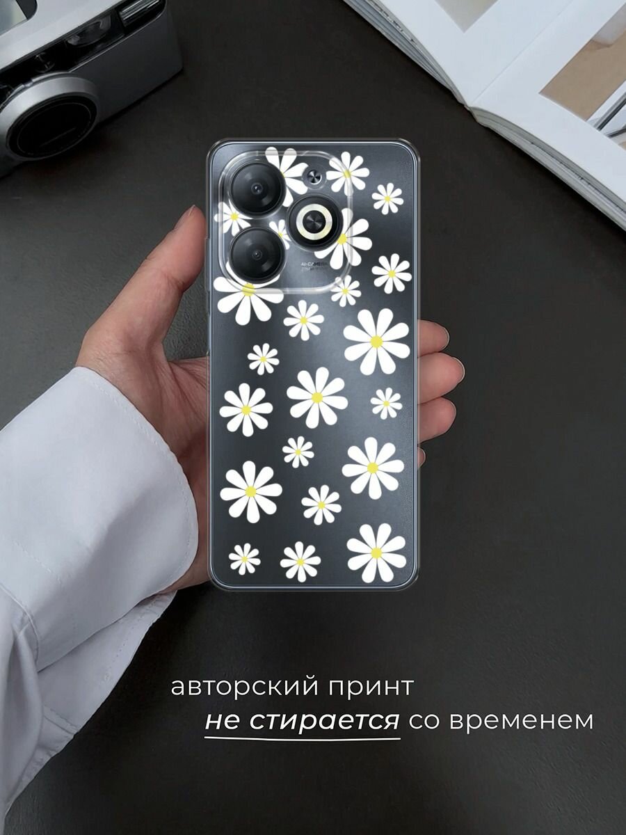 Чехол на Infinix Smart 8/8 HD/HOT 40i / Инфиникс Смарт 8/8 HD/HOT 40i с принтом "Большие ромашки", прозрачный — фото 1