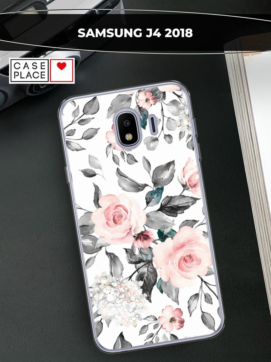 Чехол на Samsung Galaxy J4 / Самсунг Галакси Джей 4 с принтом "Розы на белом"