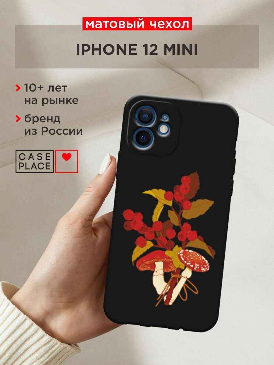 Чехол на Apple iPhone 12 mini / Айфон 12 Мини с принтом "Рябина с грибами", прозрачный