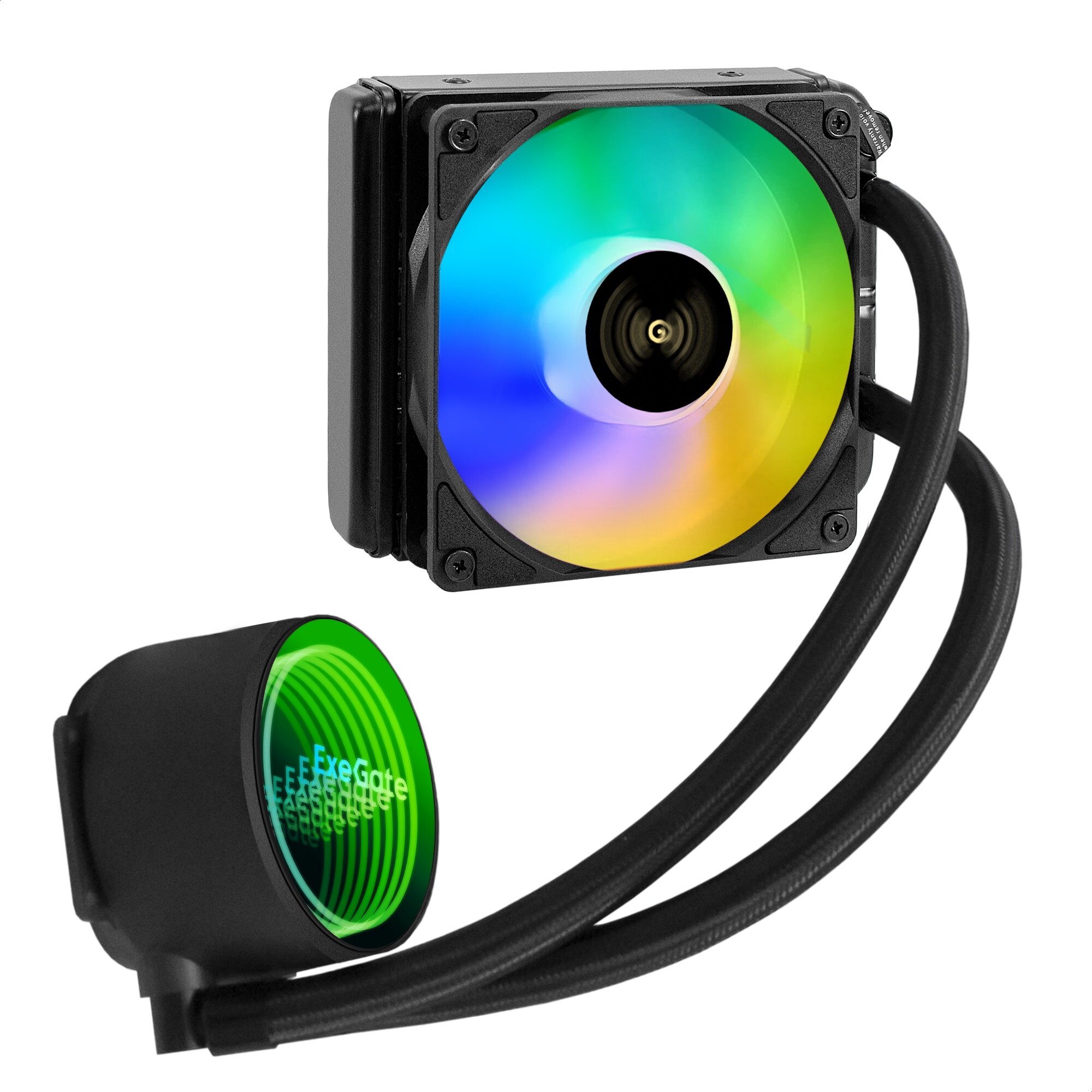 Комплект водяного охлаждения ExeGate BlackWater-120V3. PWM. ARGB (3 PIN 5V ADDRESSABLE RGB подсветка, LGA2066/2011/1366/1150/1151/1155/1156/1200/1700/1851/AM4/AM5/FM1/FM2/FM2+/AM2/AM2+/AM3/AM3+, TDP 150W, Fan 120mm Hydro bearing, Color Box) EX298708RUS