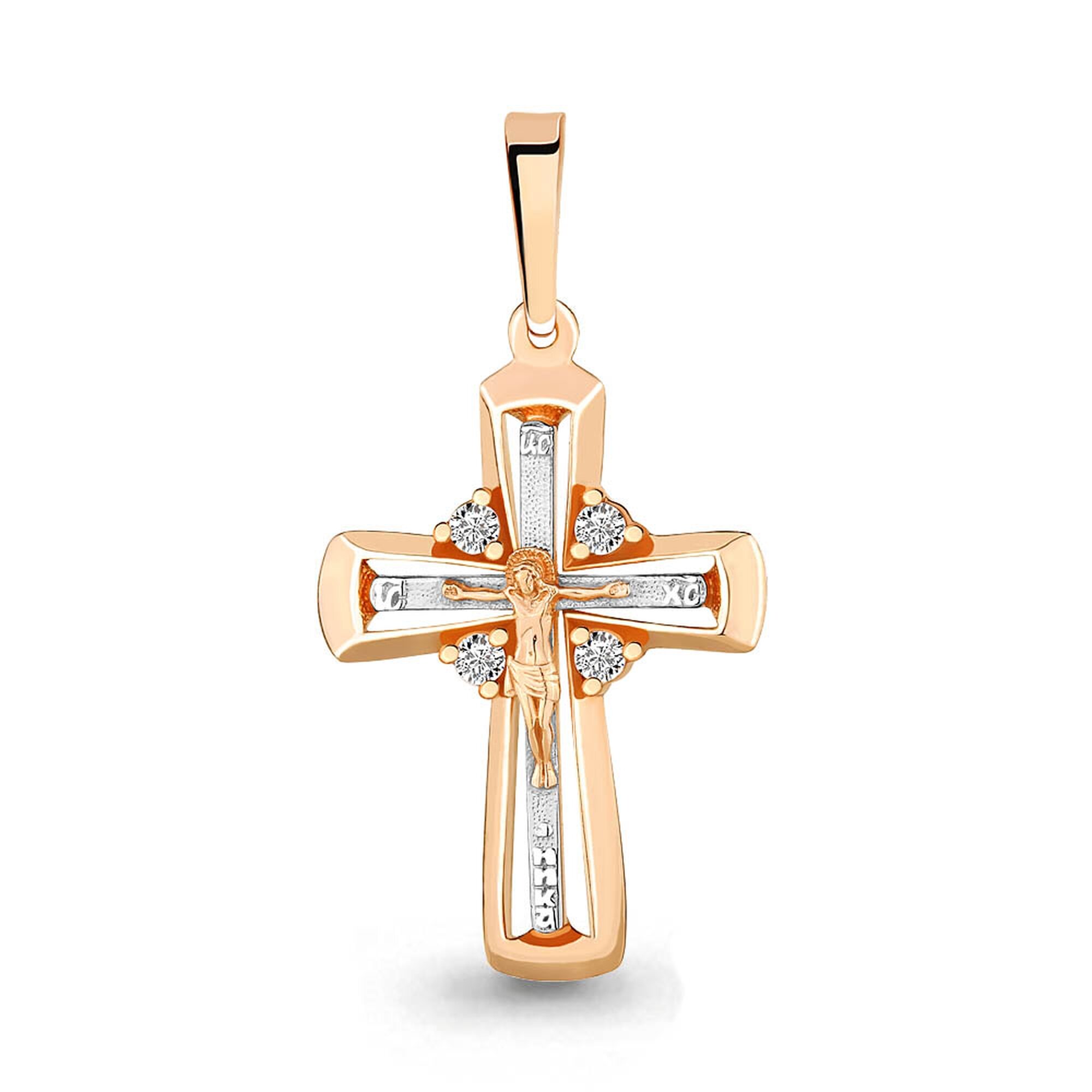 Крестик, красное золото, 585 проба, фианит