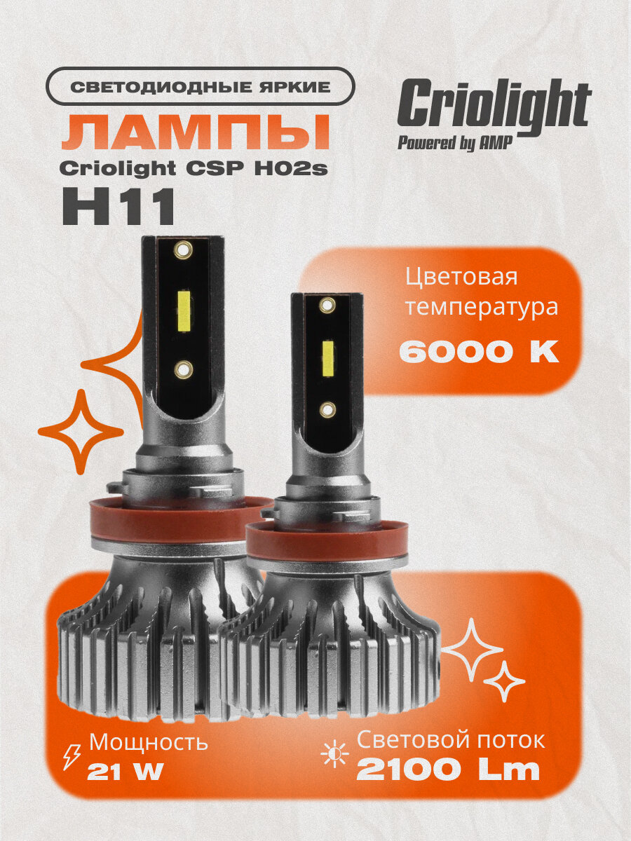 Лампы автомобильные Led AMP CSP H02s / Светодиодные авто лампы H11/ белый свет, 2шт
