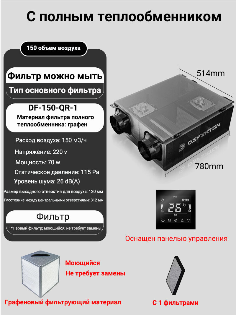 Kанальный вентилятор С полным теплообменником, объем воздуха 150 м*/ч, Коэффициент рекуперации тепла более 80%, Фильтрующий элемент из графена, 1 первичный фильтр