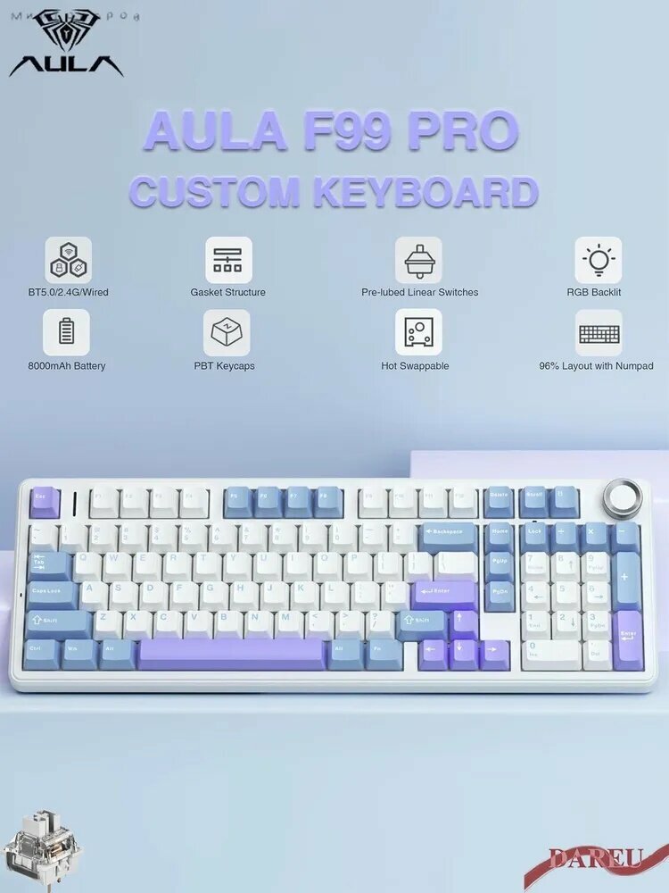 Игровая клавиатура беспроводная Беспроводная механическая клавиатура Aula F99, 98%, Bluetooth 5.0, 2.4Ghz, USB Type-C, Подарок: стикеры на русском языке, Английская раскладка, белый, фиолетовый