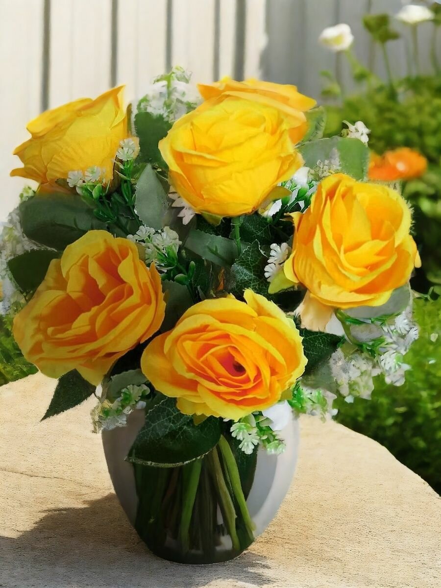 Искусственные цветы Букет роз 35 см, Цвет желтый для дома, кладбища.