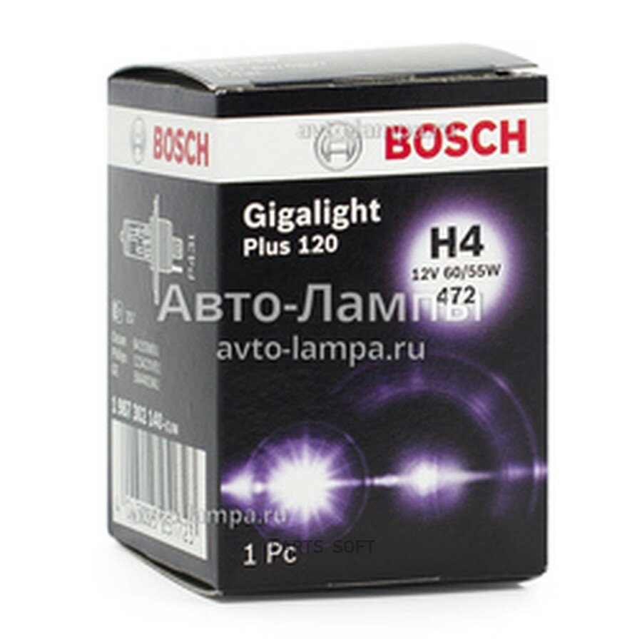 Лампа H4 12V 60/55W GIGALIGHT+120 (упаковка 2 ШТ) от официального дистрибьютора, BOSCH, артикул 1987301106