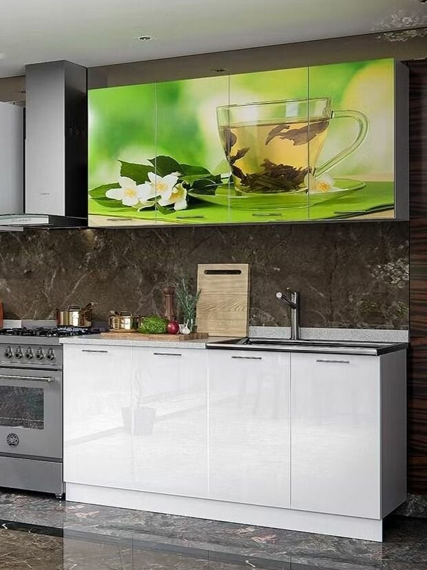 Кухонный гарнитур с фотопечатью Чай мята 1,6м белый глянец/черный глянец МИФ