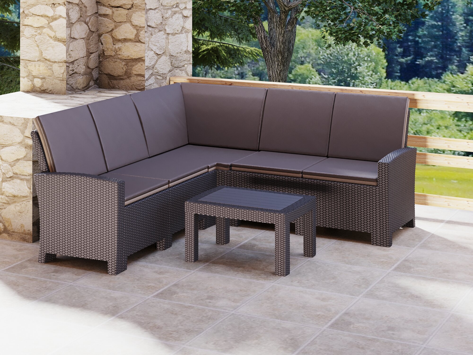 Комплект мебели с угловым диваном под ротанг Калифорния “California“ 188х188 см 5 места с подушками с кофейным столиком