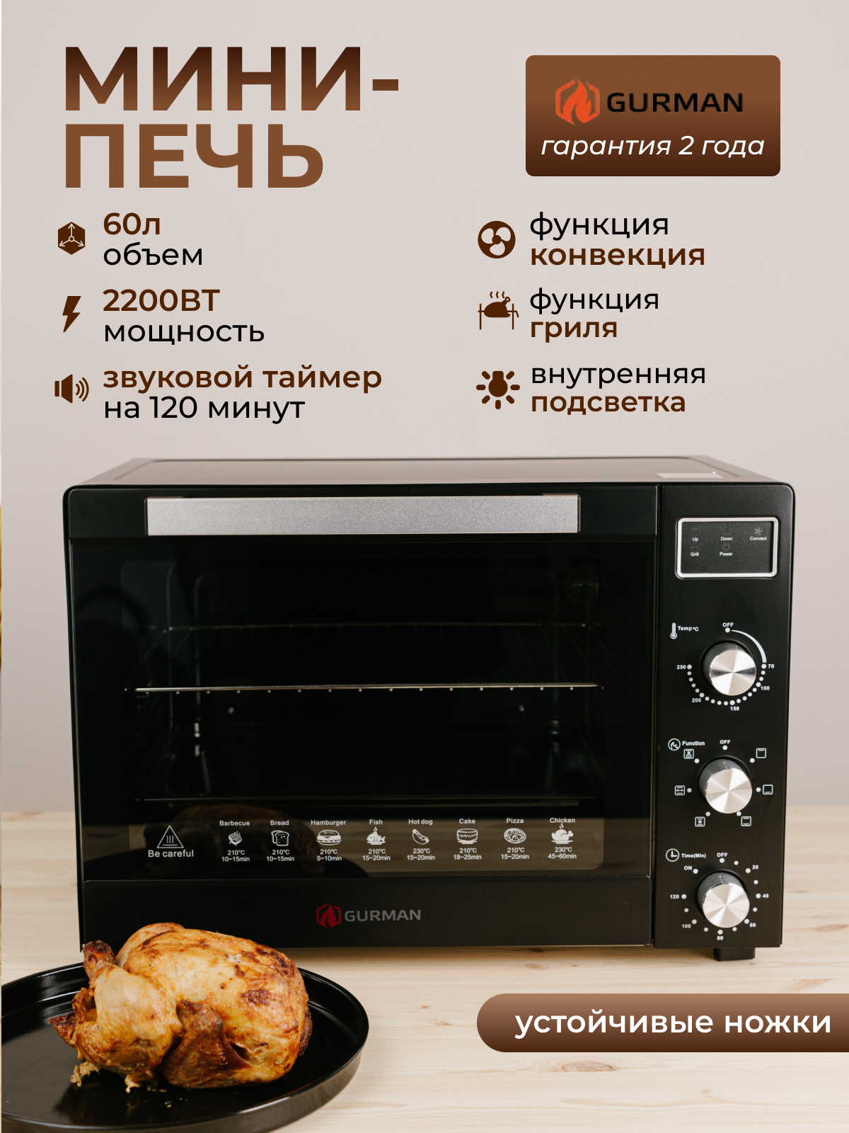 Мини-печь GURMAN GR-HH600, 60л, мощность 2200Вт, конвекция +гриль
