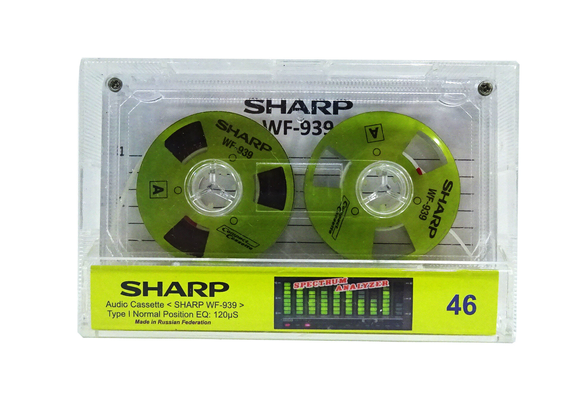 Аудиокассета "Sharp WF-939" с боббинками цвета жёлто-зелёный металлик