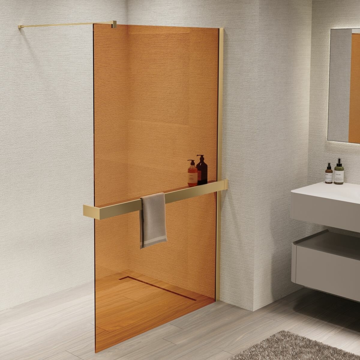 Душевая перегородка Vincea Волк-Ин (Walk-In) VSW-1HR900GSG, 900*2000, брашированное золото, стекло янтарь