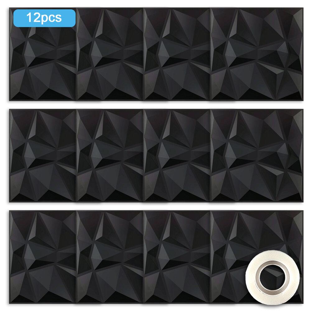 12pcs 3D Wall Panel Decorative PVC Panels Diamond Textured 12x12in with 1 Roll Double-Sided Tape for Home Office Living Room Bedroom