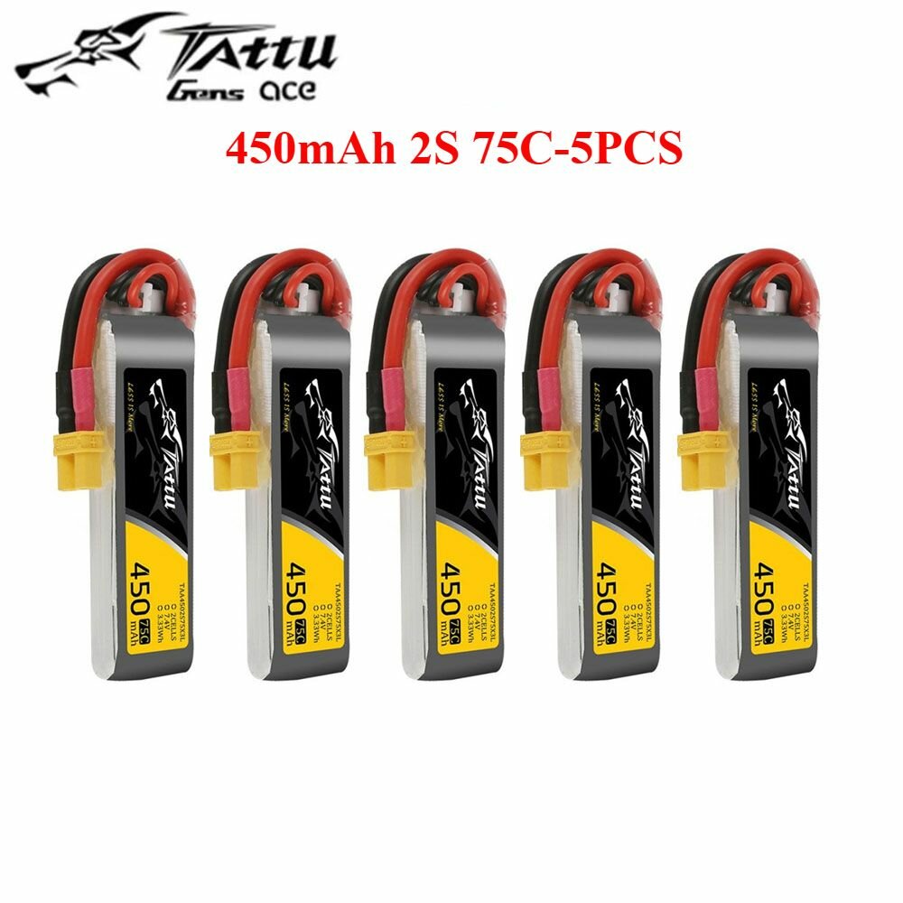 5 шт. литиевая батарея ACE TATTU 450 мАч 75C 7,4 В 2S с разъемом XT30