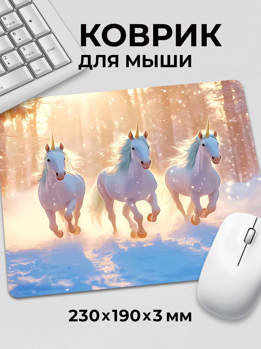 Коврик для мышки Новогодний 2026 Новый год Символ года Лошадь Единороги, на нескользящем основании 230x190x3 мм