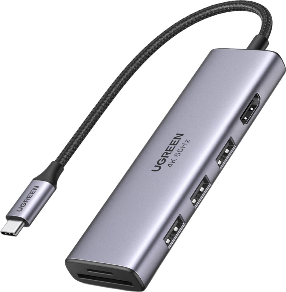 Хаб (разветвитель) UGREEN CM511, серый (60383) 3 порта USB+HDMI, SD+microSD, защита от перегрева, серый